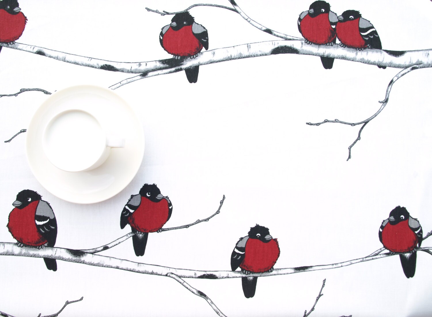 Tablecloth White Red Breast Robins Birds Black Grey Tree Modern ...