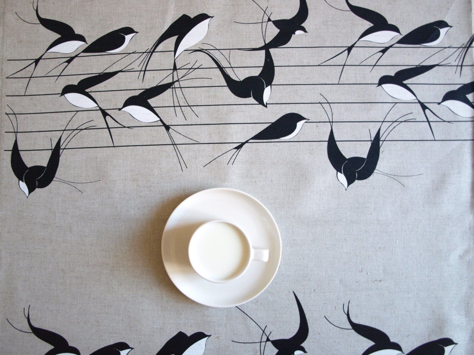 Linen Tablecloth Natural Linen Grey Beige Swallow Birds on Wires Eco ...