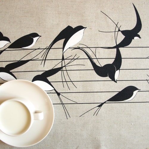 Linen Tablecloth Natural Linen Grey Beige Swallow Birds on - Etsy