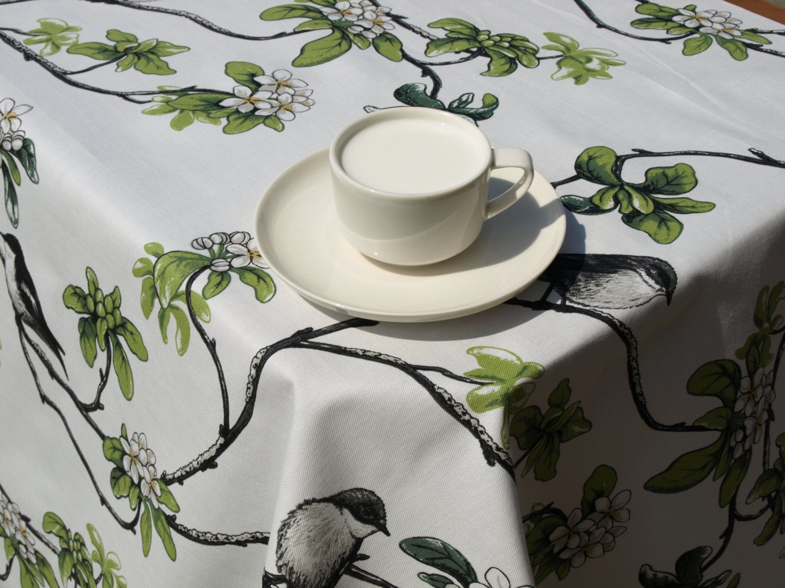 Tablecloth White Apple Blossom Flowers Black Birds Also - Etsy
