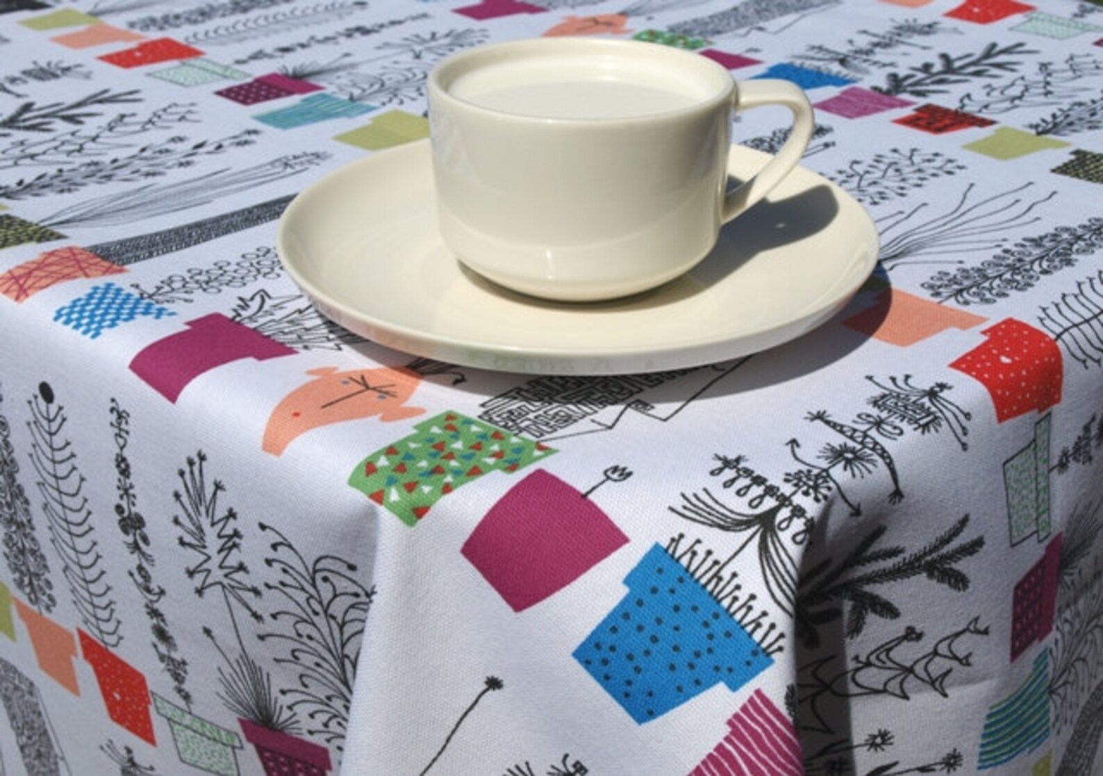 Tablecloth White Fun Plants Herbs Colorful Pots Botanical Scandinavian ...