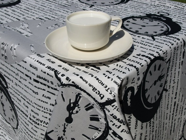 Tablecloth White Black Grey Old Alarm Clock Scandianvian | Etsy