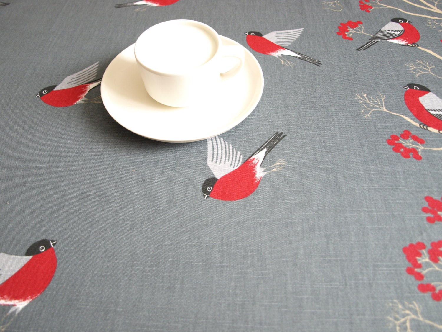 Tablecloth Grey Red Robins Rowan Tree Birds Modern | Etsy