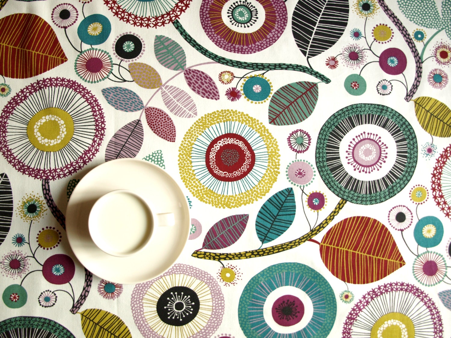 Tablecloth White Emerald Green Abstract Tree Flowers - Etsy