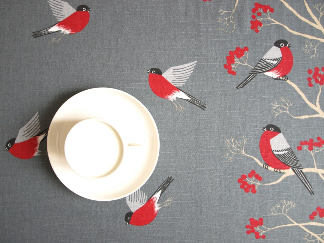 Tablecloth Grey Red Robins Rowan Tree Birds Modern Scandinavian Decor ...