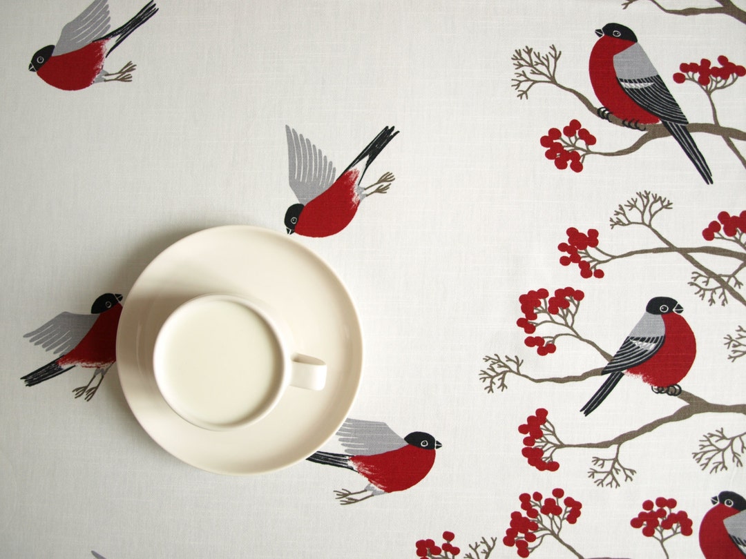 Tablecloth White Red Robins Rowan Tree Birds Modern Scandinavian Decor ...