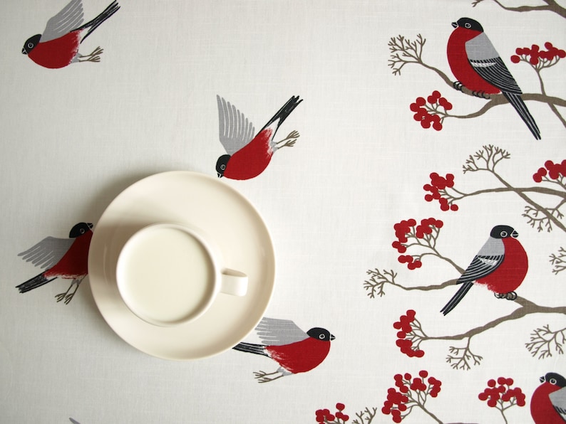 Tablecloth White Red Robins Rowan Tree Birds Modern - Etsy