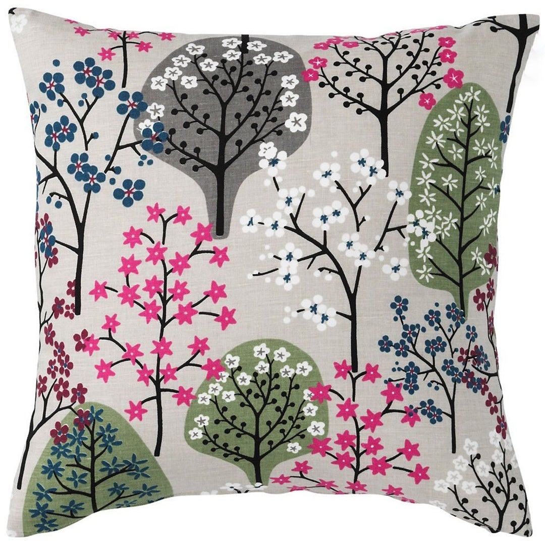 Pillow Cover Linen Natural Pink Green Black Trees Flowers Herbs ...