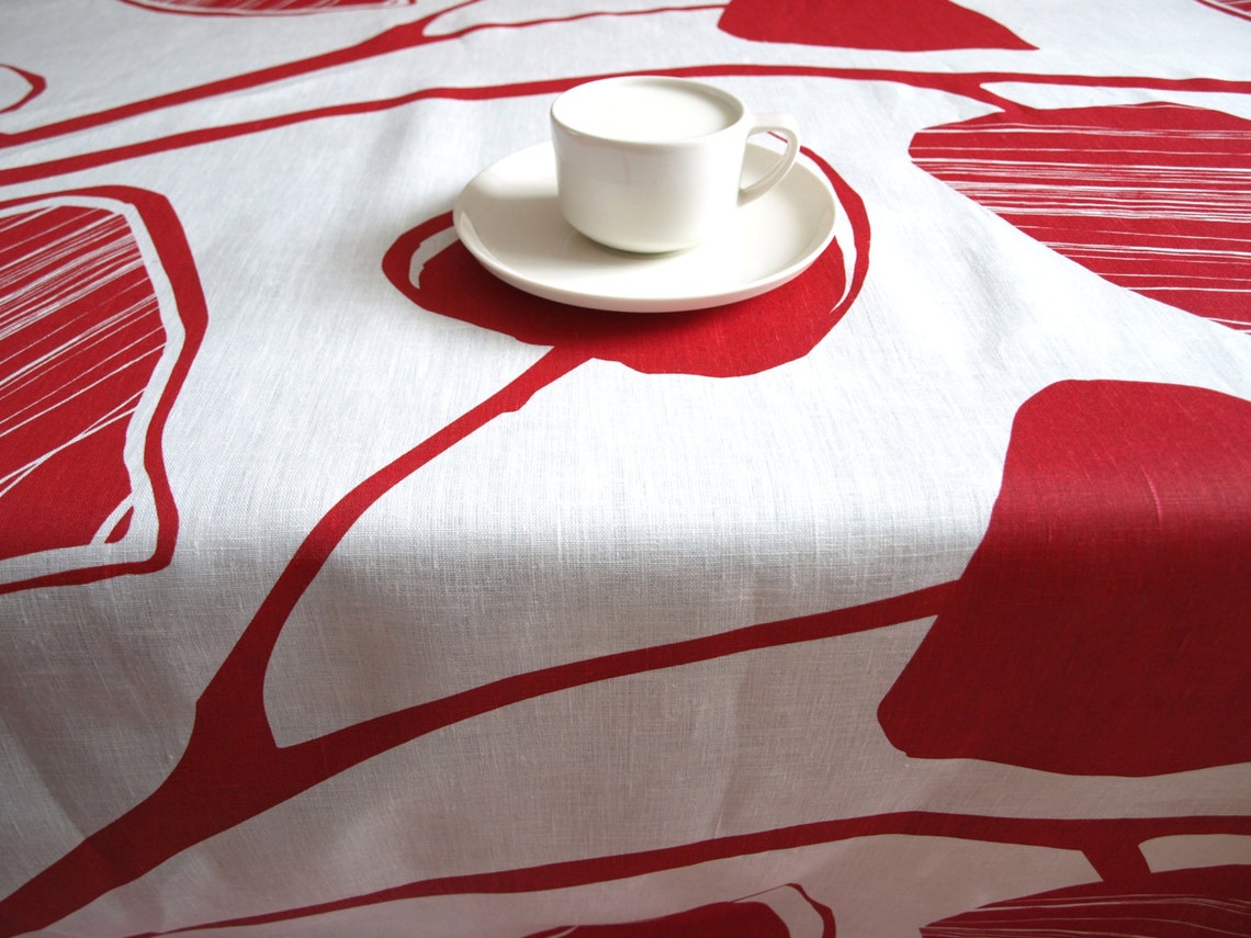 Linen Tablecloth White Red Abstract Tree Leaves Also Table - Etsy