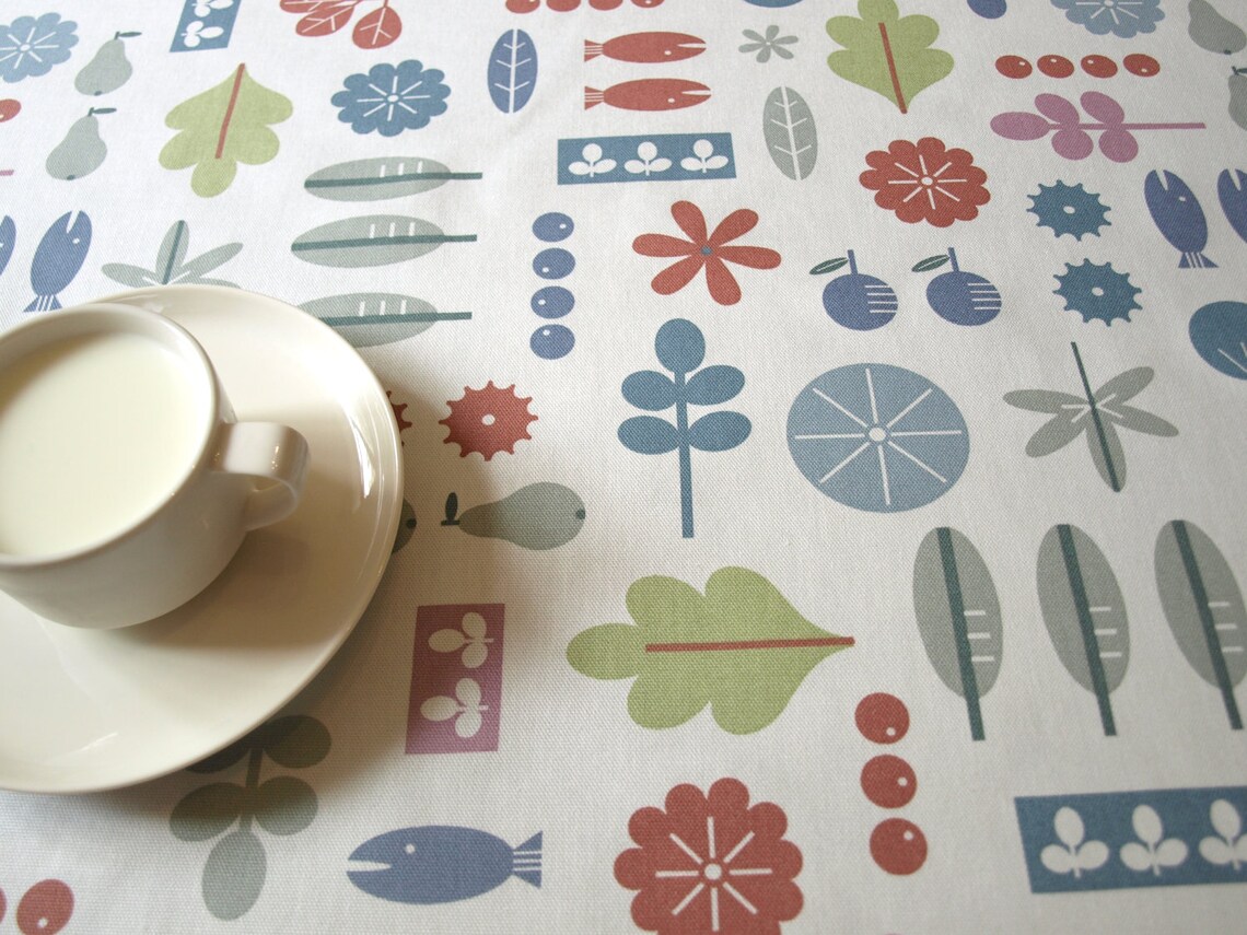 Tablecloth White Abstract Garden Leaves Fishes Botanical | Etsy