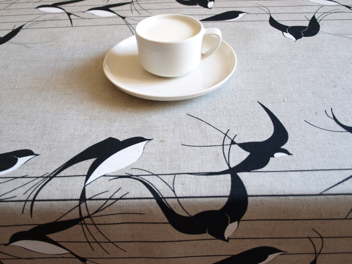 Linen Tablecloth Natural Linen Grey Beige Swallow Birds on Wires Eco ...