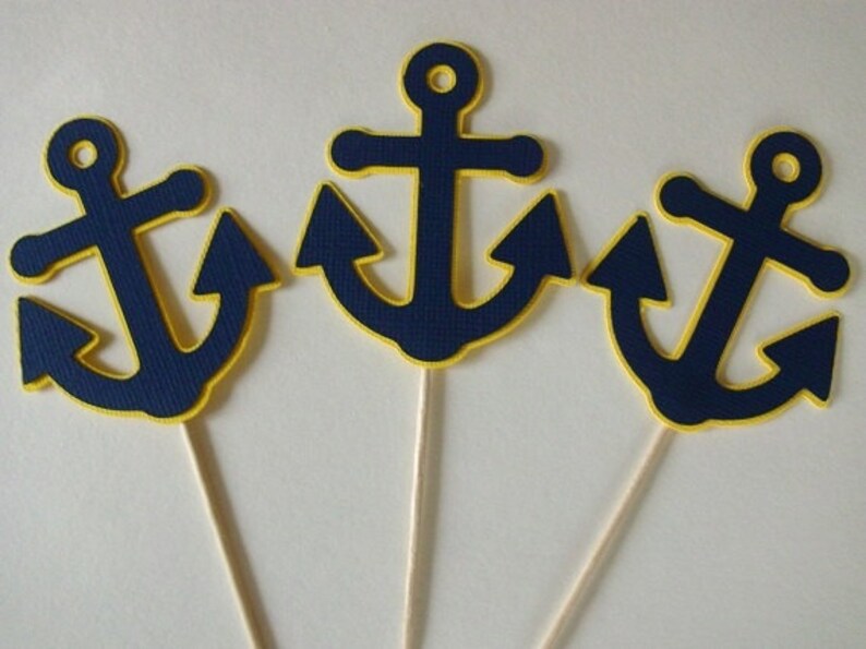 12 Navy Blue and Yellow Anchor Cupcake Toppers Banner - Etsy