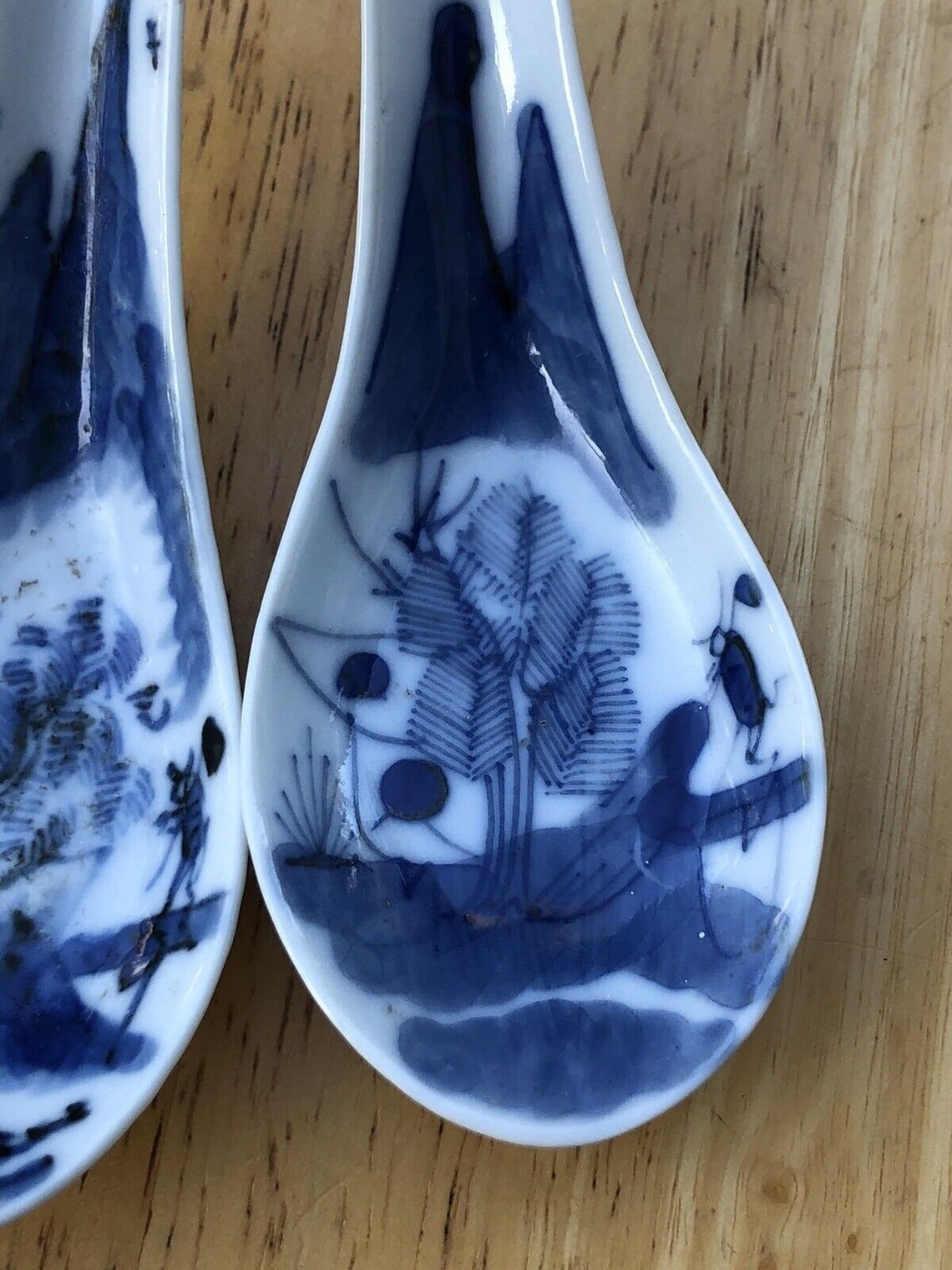 Blue White Chinese Spoons Mountains Birds Porcelain Hand Painted Glazed ...