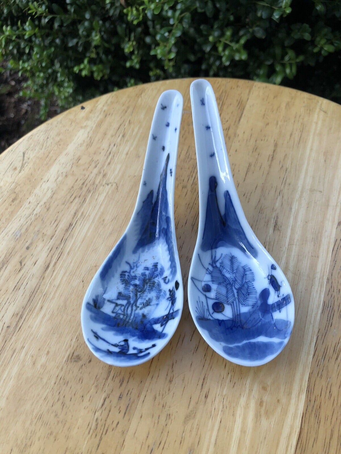 Blue White Chinese Spoons Mountains Birds Porcelain Hand Painted Glazed ...