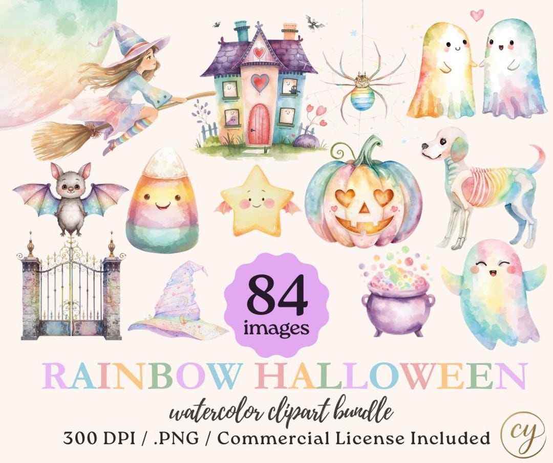 Rainbow Halloween Clipart Bundle – 84 Pastel Watercolor PNG Images ...