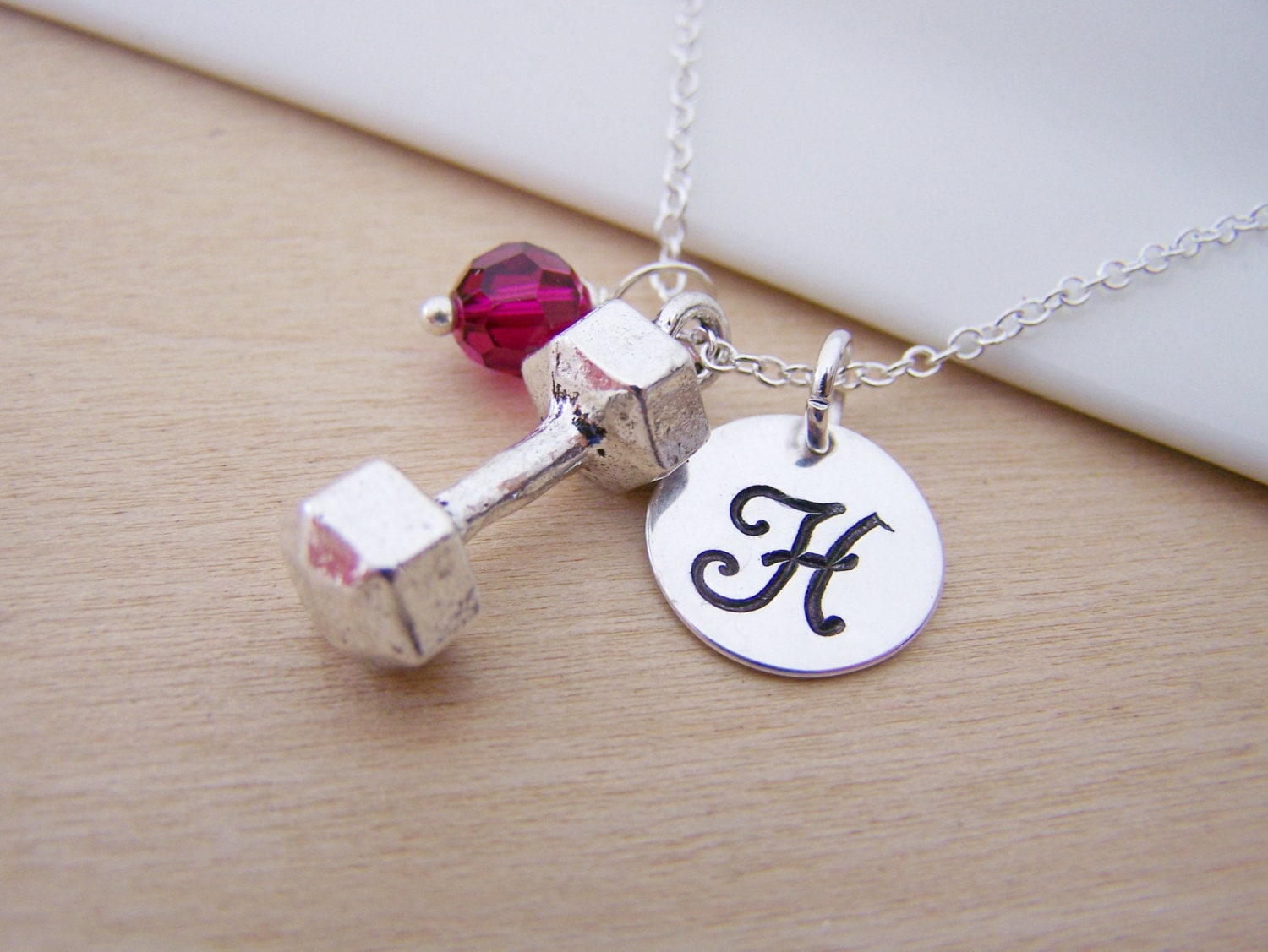 Dumbbell Weight Lifting Gym Charm Necklace Swarovski Birthstone Initial ...