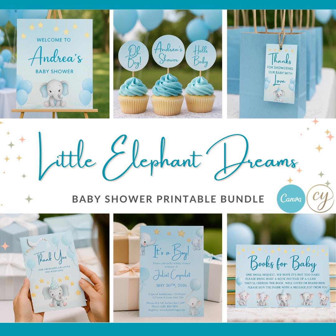 Little Elephant Dreams Baby Shower Printable Bundle – Blue Elephant ...