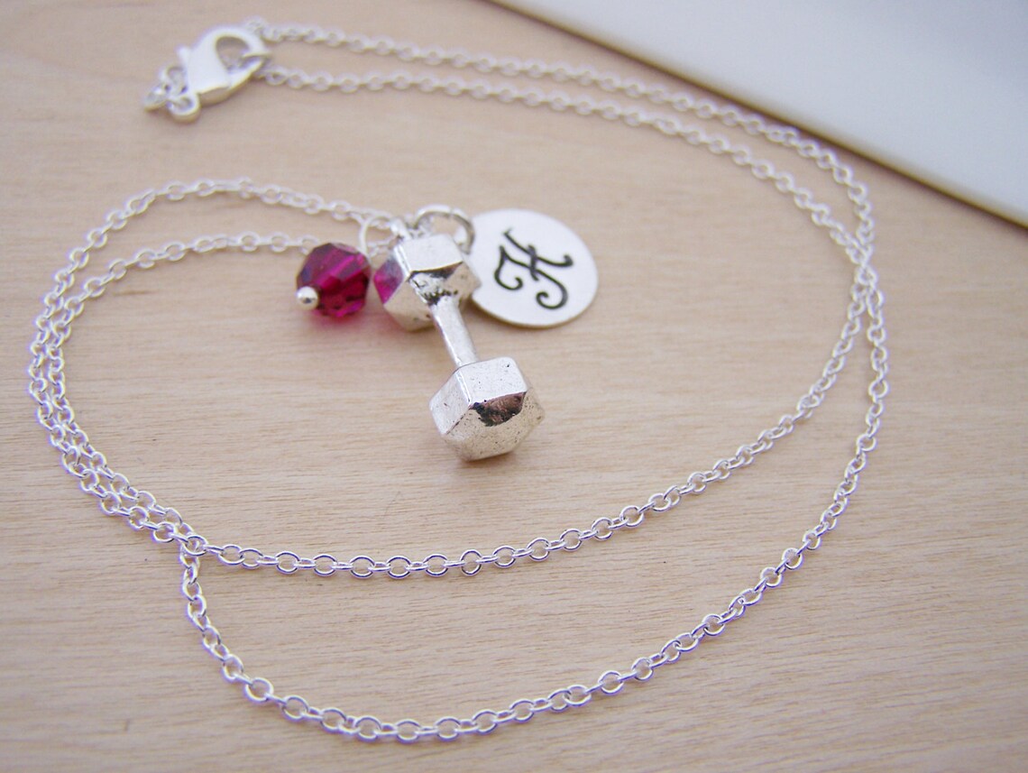 Dumbbell Weight Lifting Gym Charm Necklace Swarovski Birthstone Initial ...