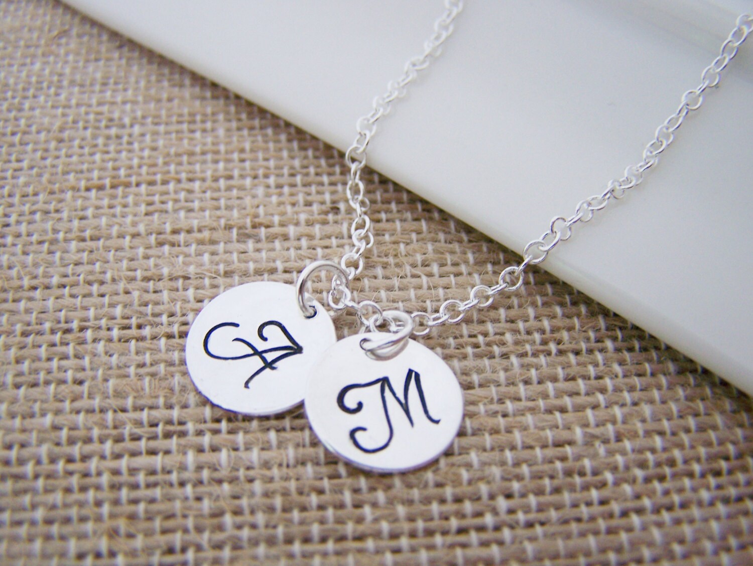 TWO INITIAL Disc Dainty Silver Hand Stamped Initial Personalized ...
