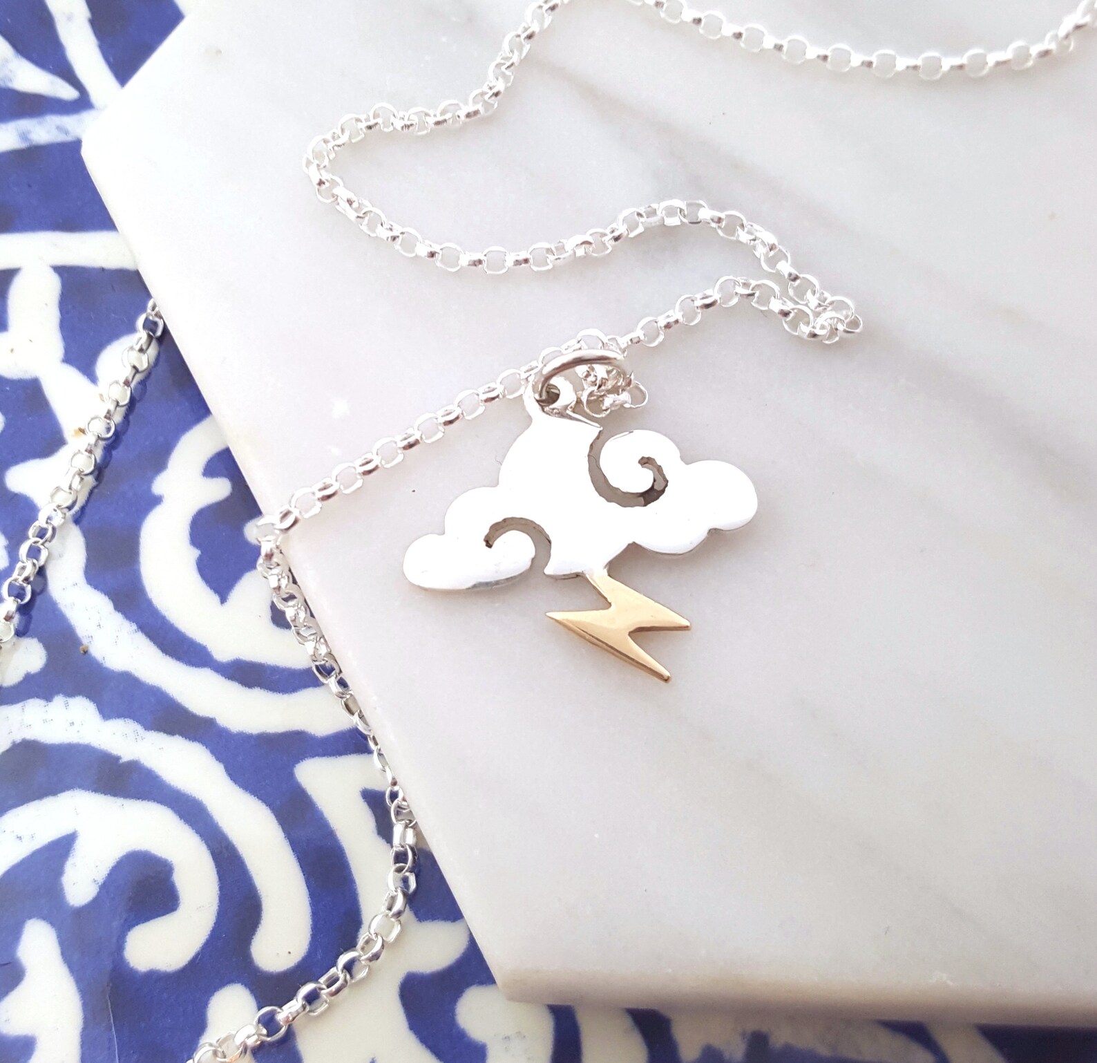 Storm Charm Necklace Sterling Silver Cloud and Lightning | Etsy
