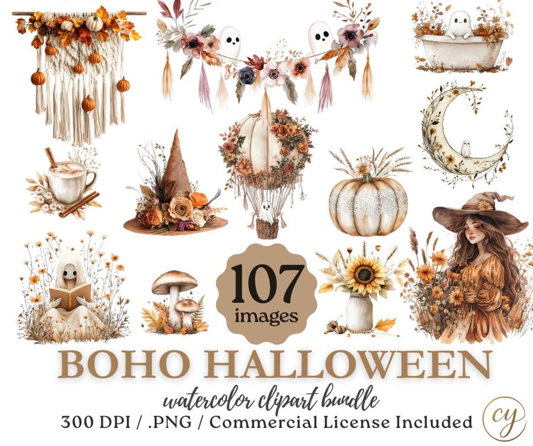 Boho Halloween Watercolor Clipart Bundle – 107 Pngs, 300 DPI ...