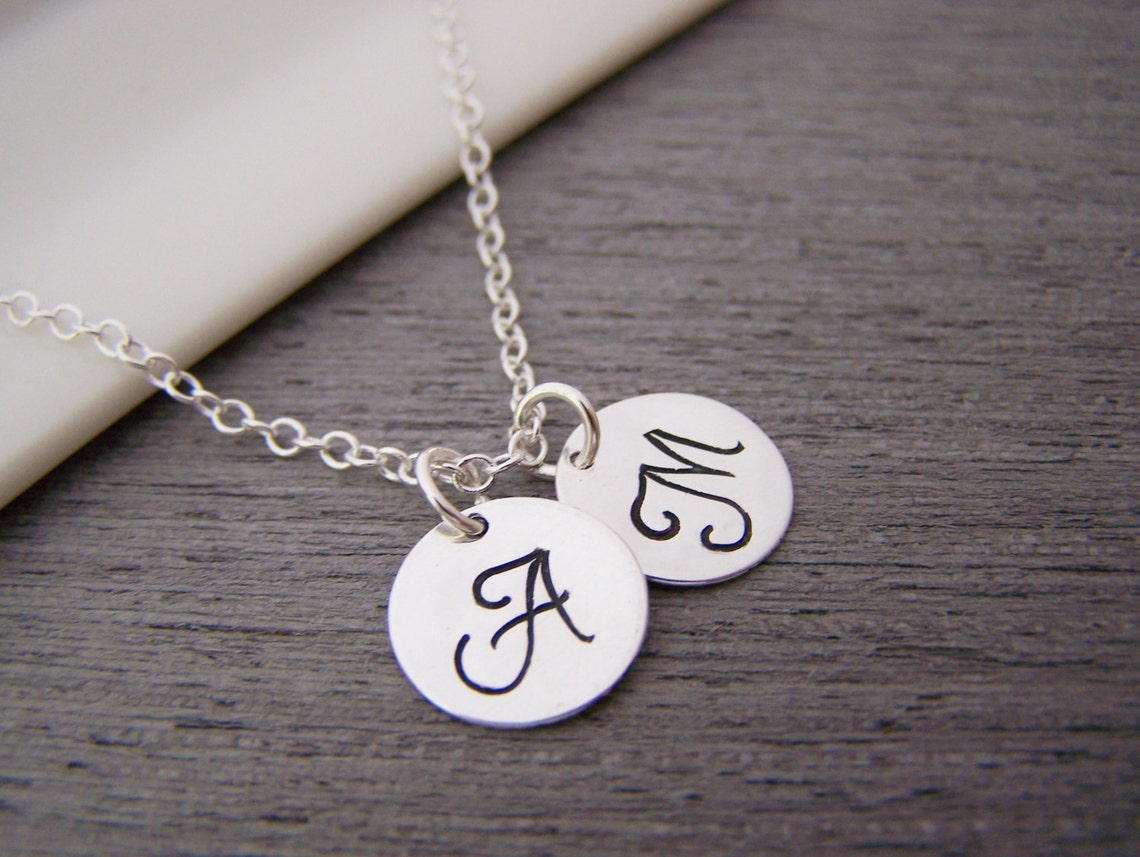 TWO INITIAL Disc Dainty Silver Hand Stamped Initial Personalized ...