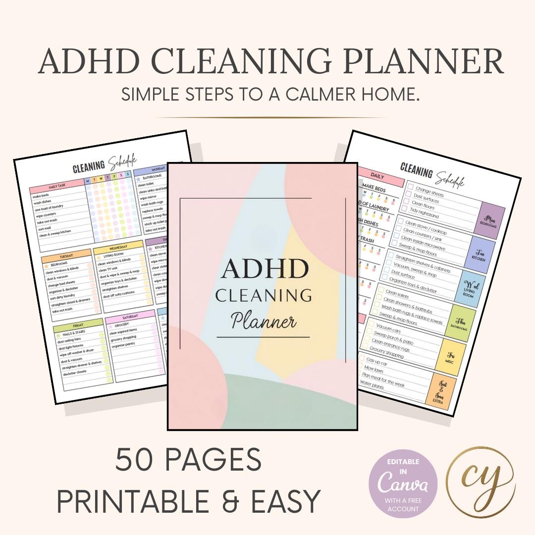 ADHD Cleaning Planner | 50 Pages Printable and Editable in Canva ...