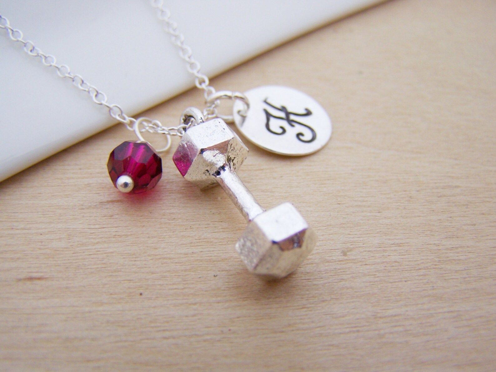 Dumbbell Weight Lifting Gym Charm Necklace Swarovski Birthstone Initial ...