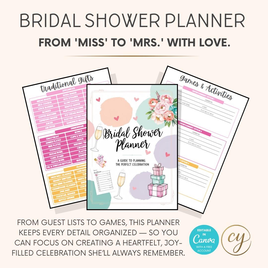 Bridal Shower Planner Printable - Editable Canva Template - Pastel Bridal Shower Organizer With ...