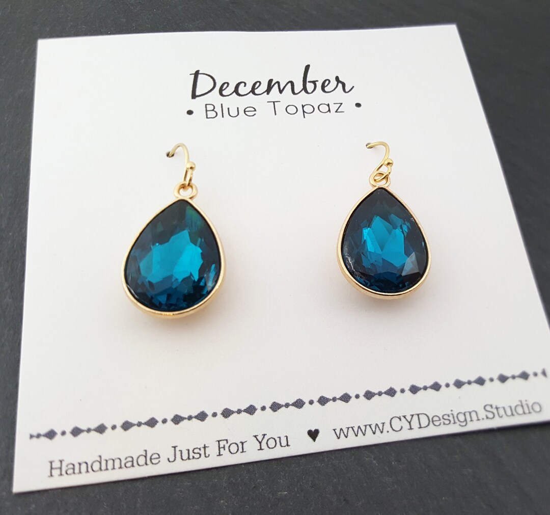 December Birthstone Earrings - Blue Topaz Crystal Gold Filled Teardrop ...