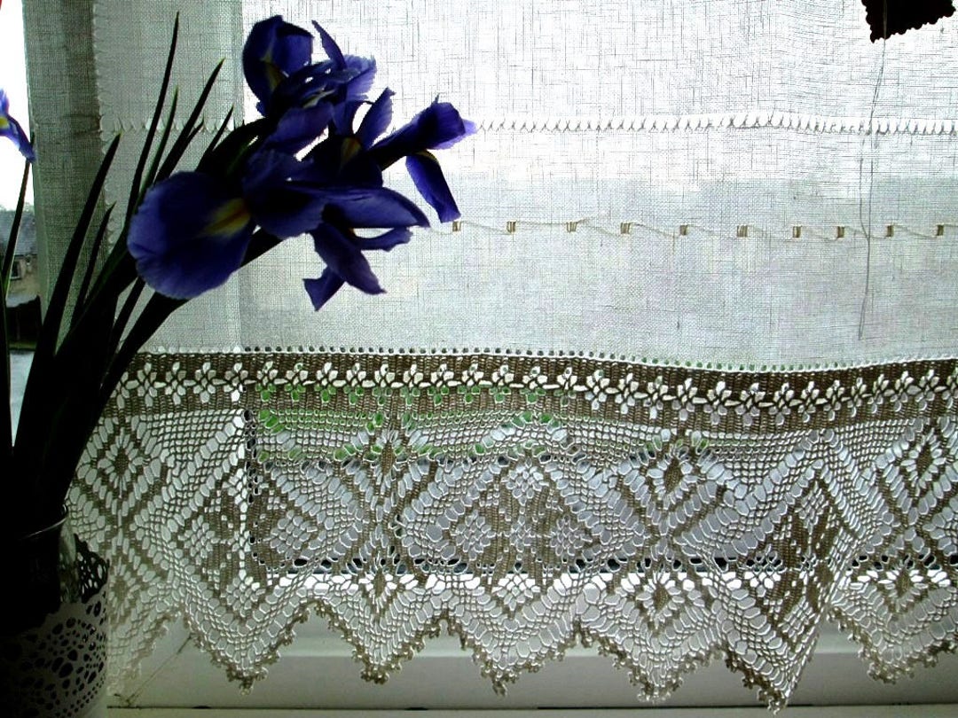 Irish Linen and Lace Hemstitched Curtain , Drawn-thread Embroidered ...