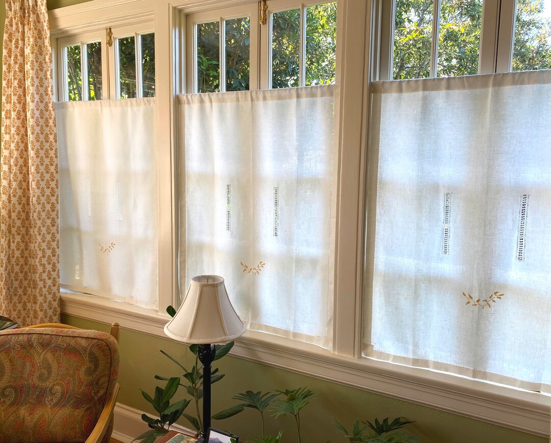 Drawn-thread and Embroidered Linen Curtains, Hemstitched With ...