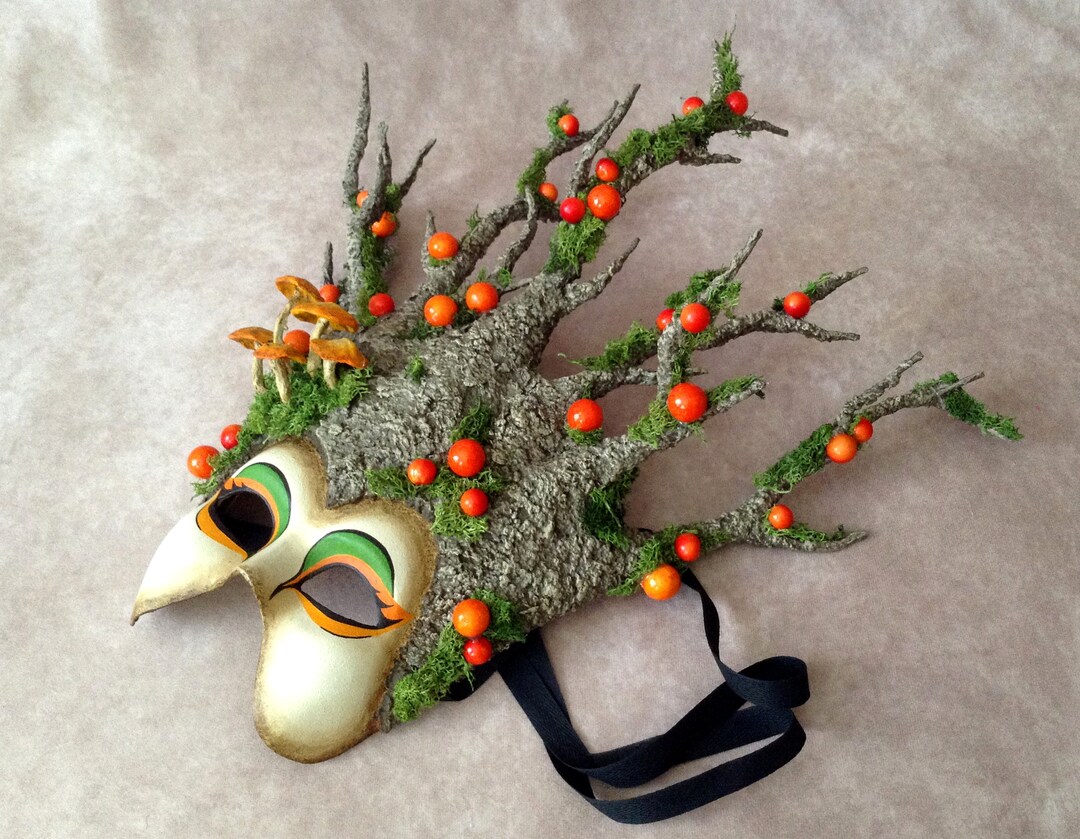 Artisan Mask Lady With Branches Hat Tree Mask No Chin With Berries And Moss