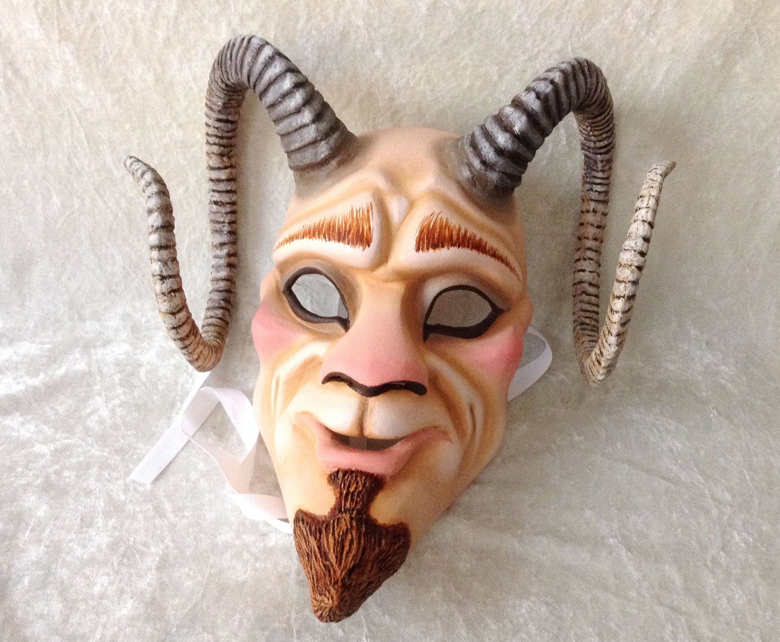 Artisan Mask: 'happy Faun With Big Curly Horns' (satyr, Pan, Pink Skin ...