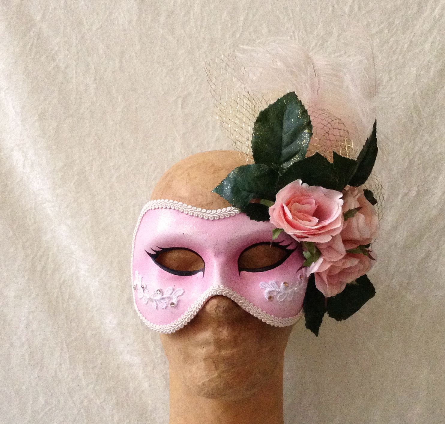 Artisan half mask: 'Fancy pink roses' flowers tulle | Etsy