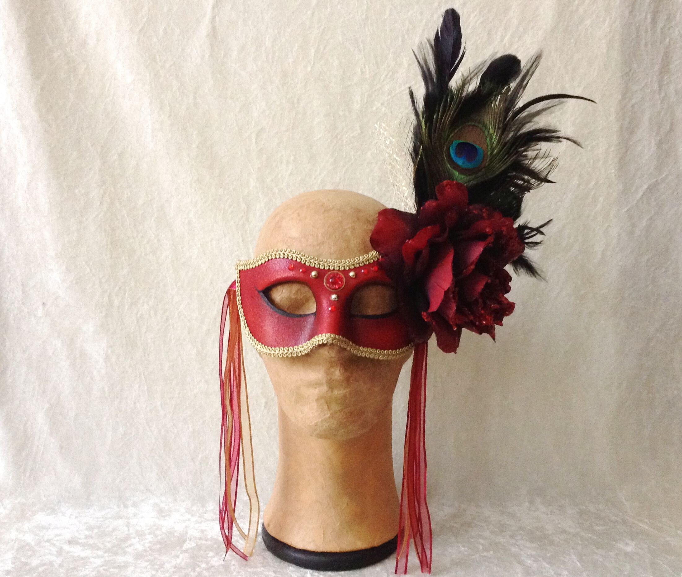 Artisan Eye Mask: 'fancy Red' (big Rose and Feathers) - Etsy