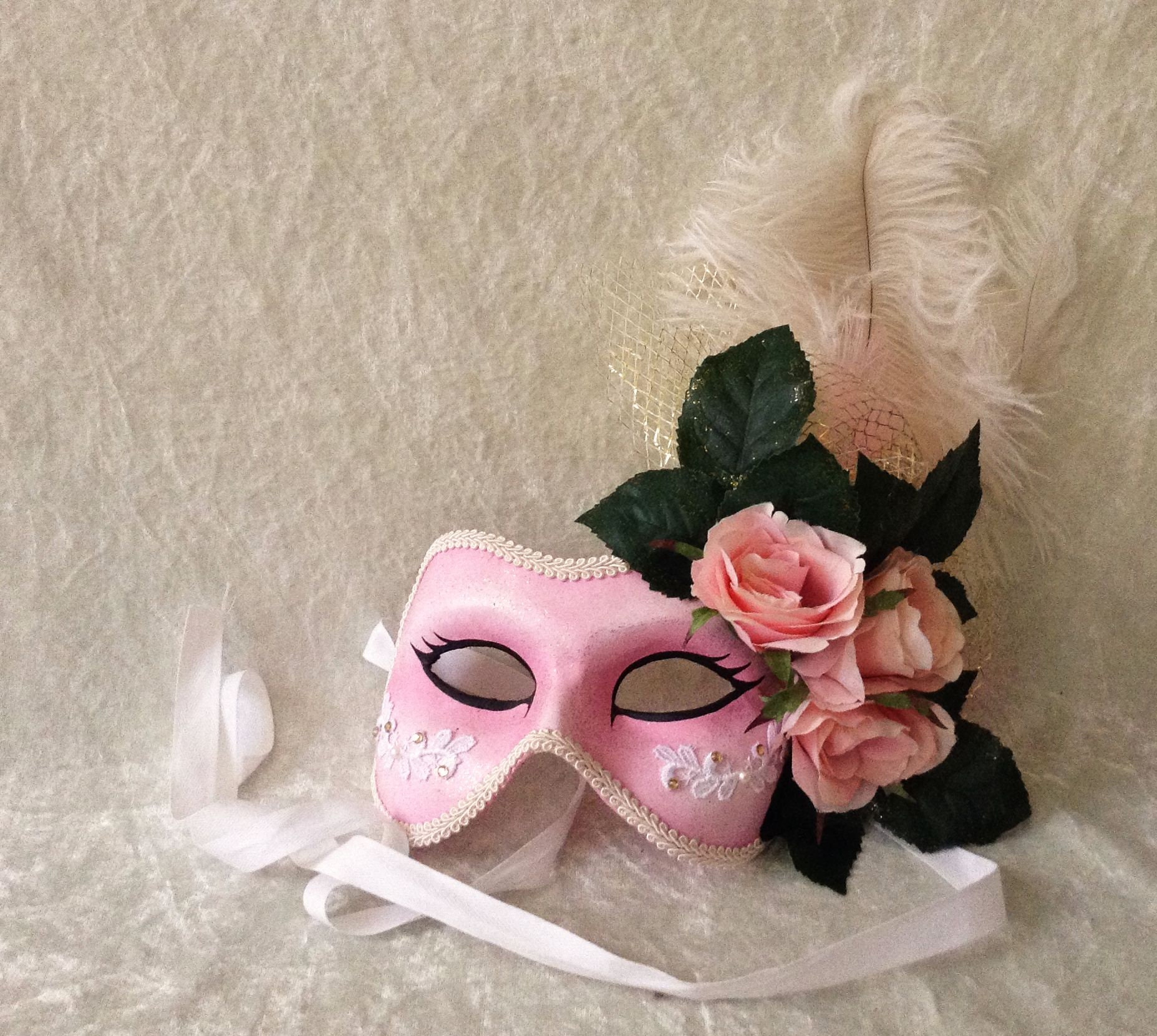 Artisan half mask: 'Fancy pink roses' flowers tulle | Etsy