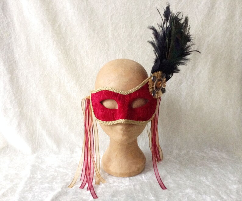 Artisan Eye Mask: 'fancy Red' (velvet, Lace, Feathers) - Traditional ...