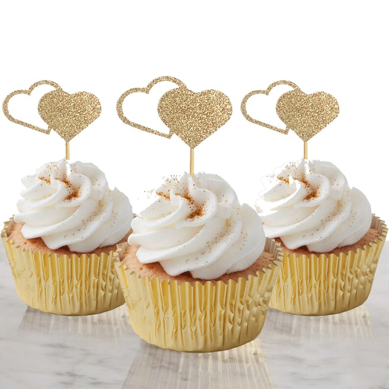 Gold Heart Cupcake Topper, Rehearsal Dinner Decorations, Bridal Shower ...