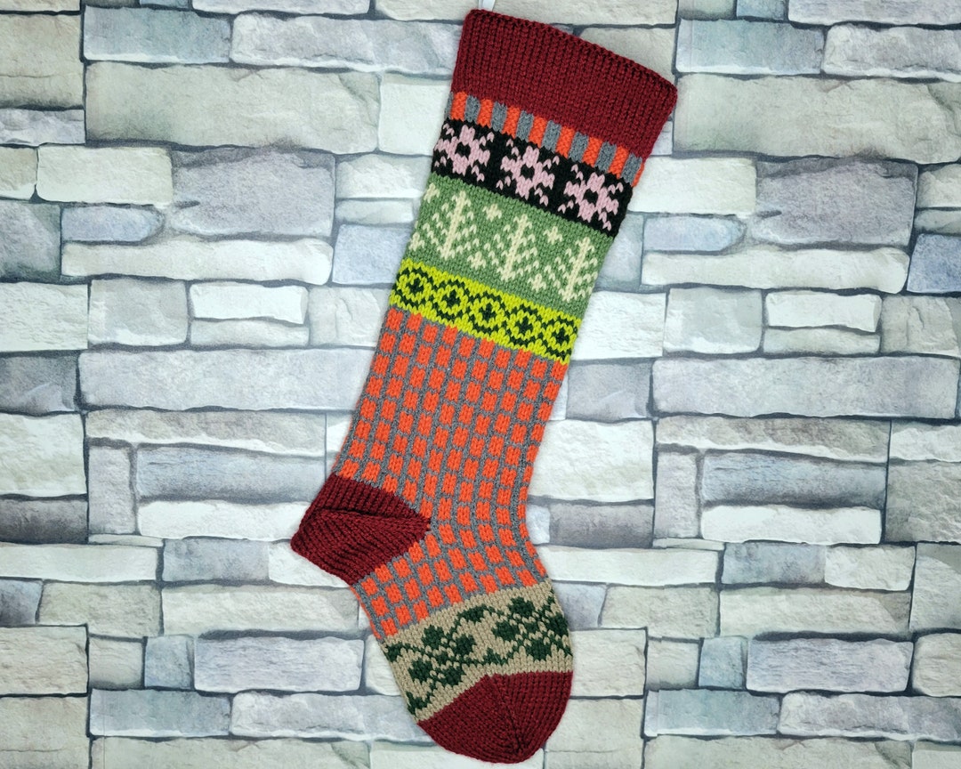 Hand Knit Christmas Stocking With Claret Red Cuff, Fire Red Bricks ...