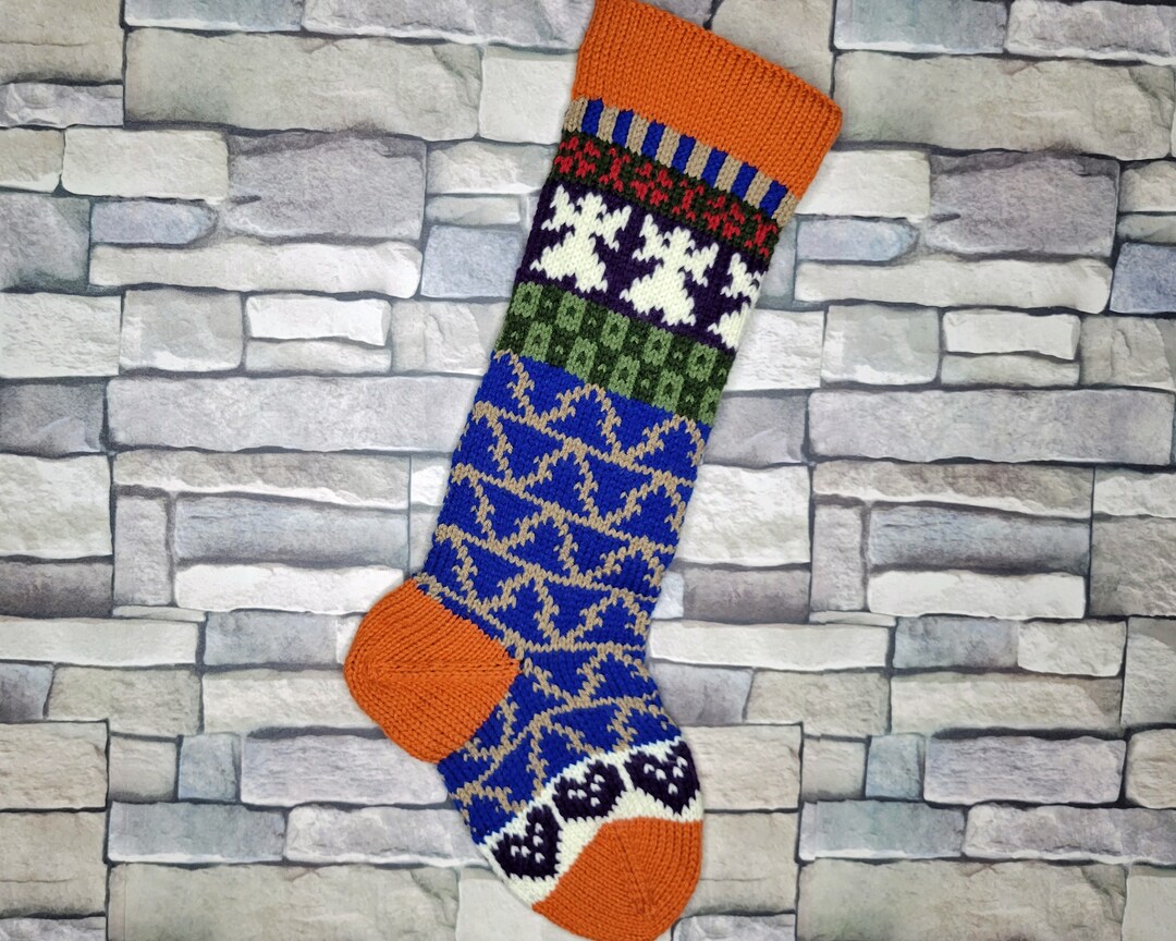 Orange Fair Isle Christmas Stocking, Hand Knit With Off-white Angels ...