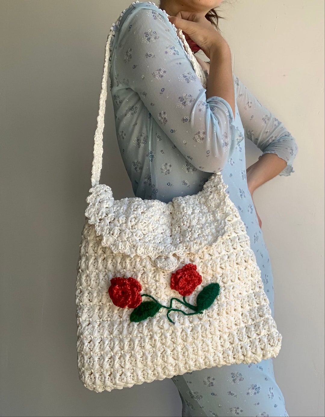 Vintage 70s Woven Straw Shoulder Bag: 3D Roses - Etsy