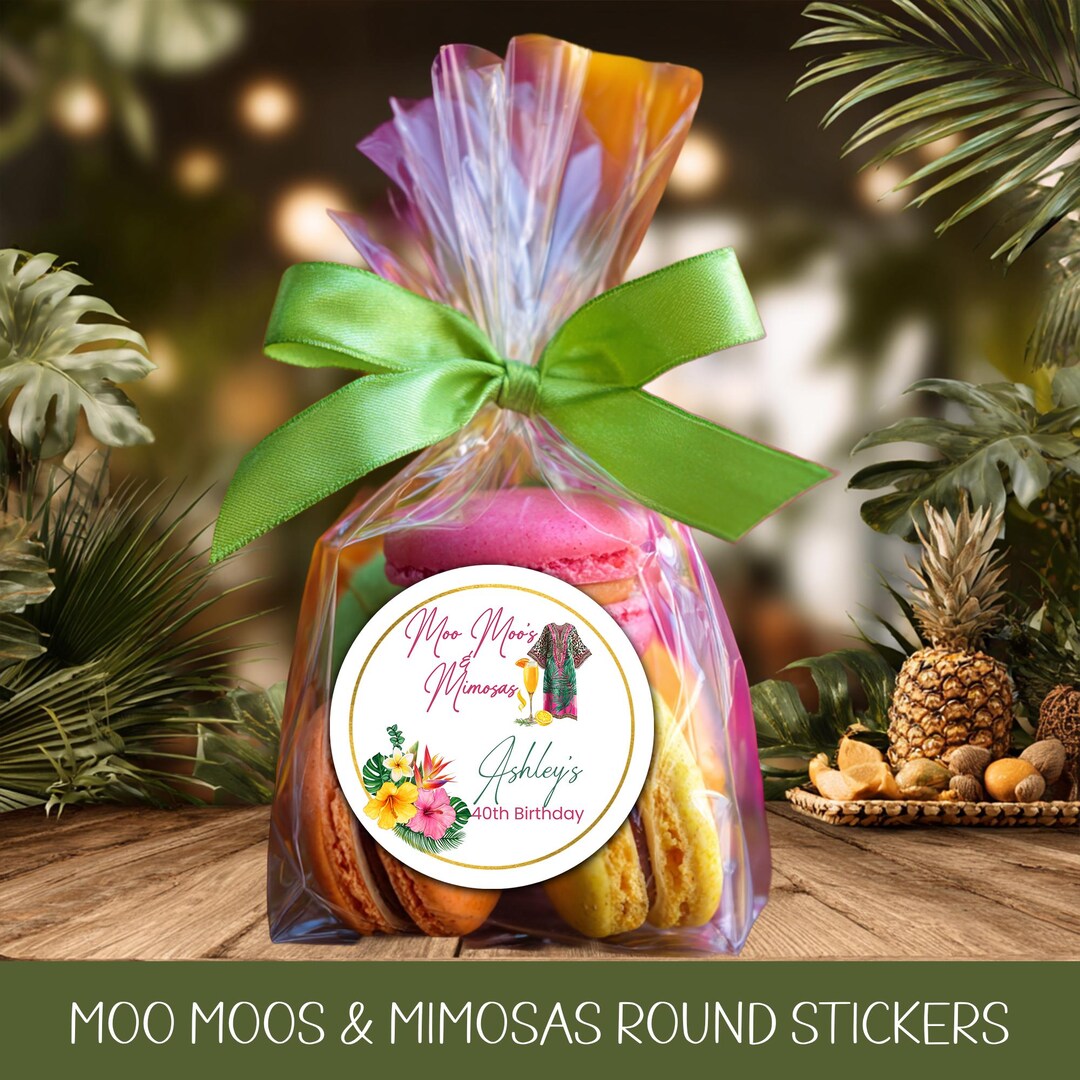 Moo Moos & Mimosas Stickers | Tropical Round Favor Labels | Custom ...