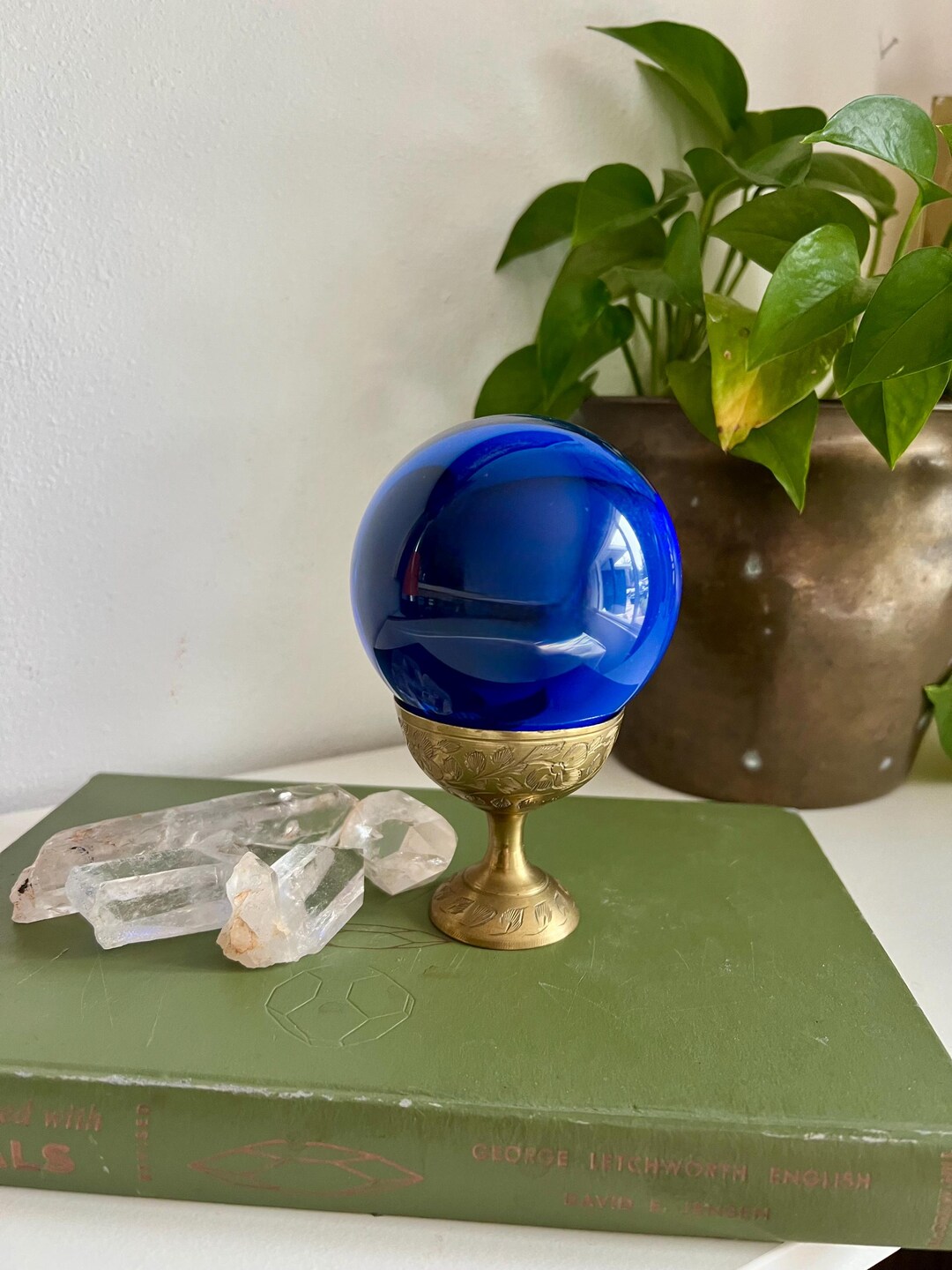 Vintage Cobalt Blue Solid Glass Sphere Paper Weight Orb With Brass ...