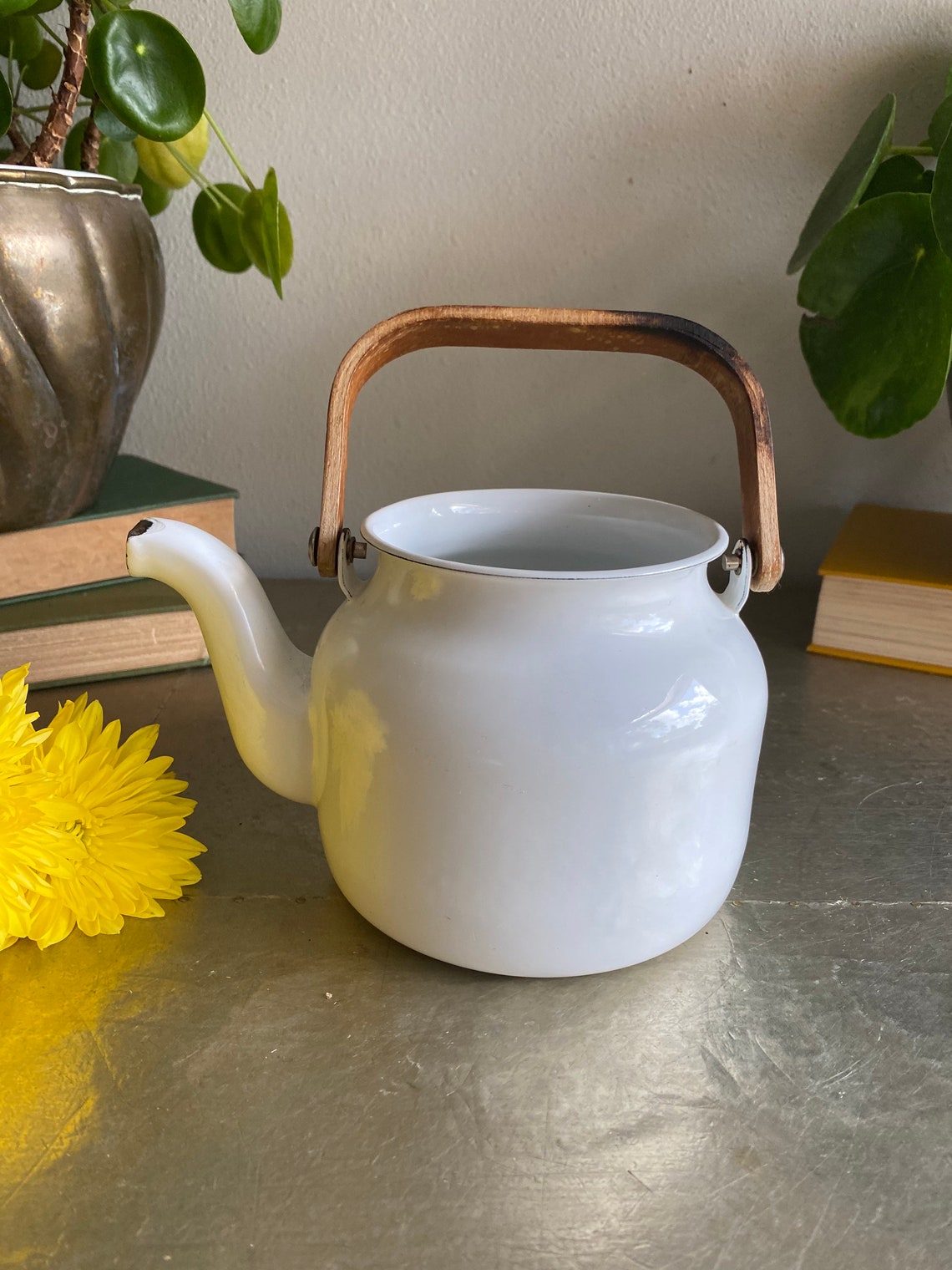 Vintage Small White Enamelware Teapot Farmhouse Decor Vase | Etsy