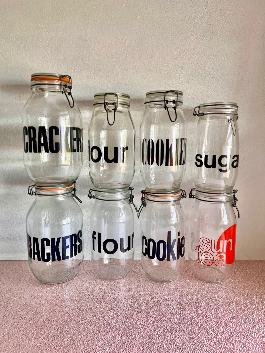Vintage Typography Glass Jar Canisters Hermetic Seal Flour Sugar ...