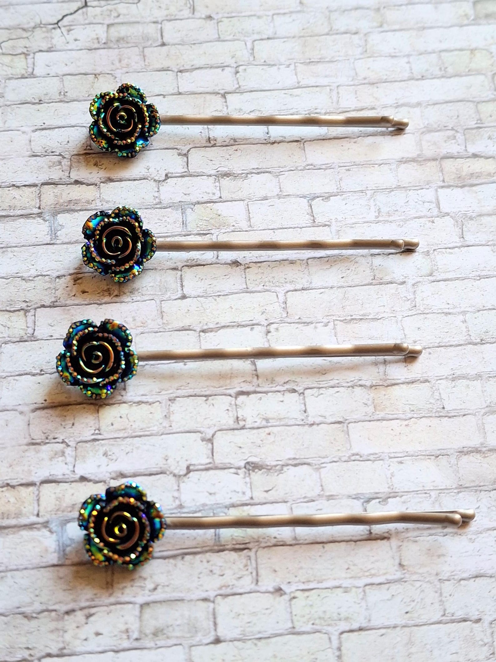 Metallic Blue Flowers Bobby Pins Set of 4, Metallic Flowers Bobby Pins ...