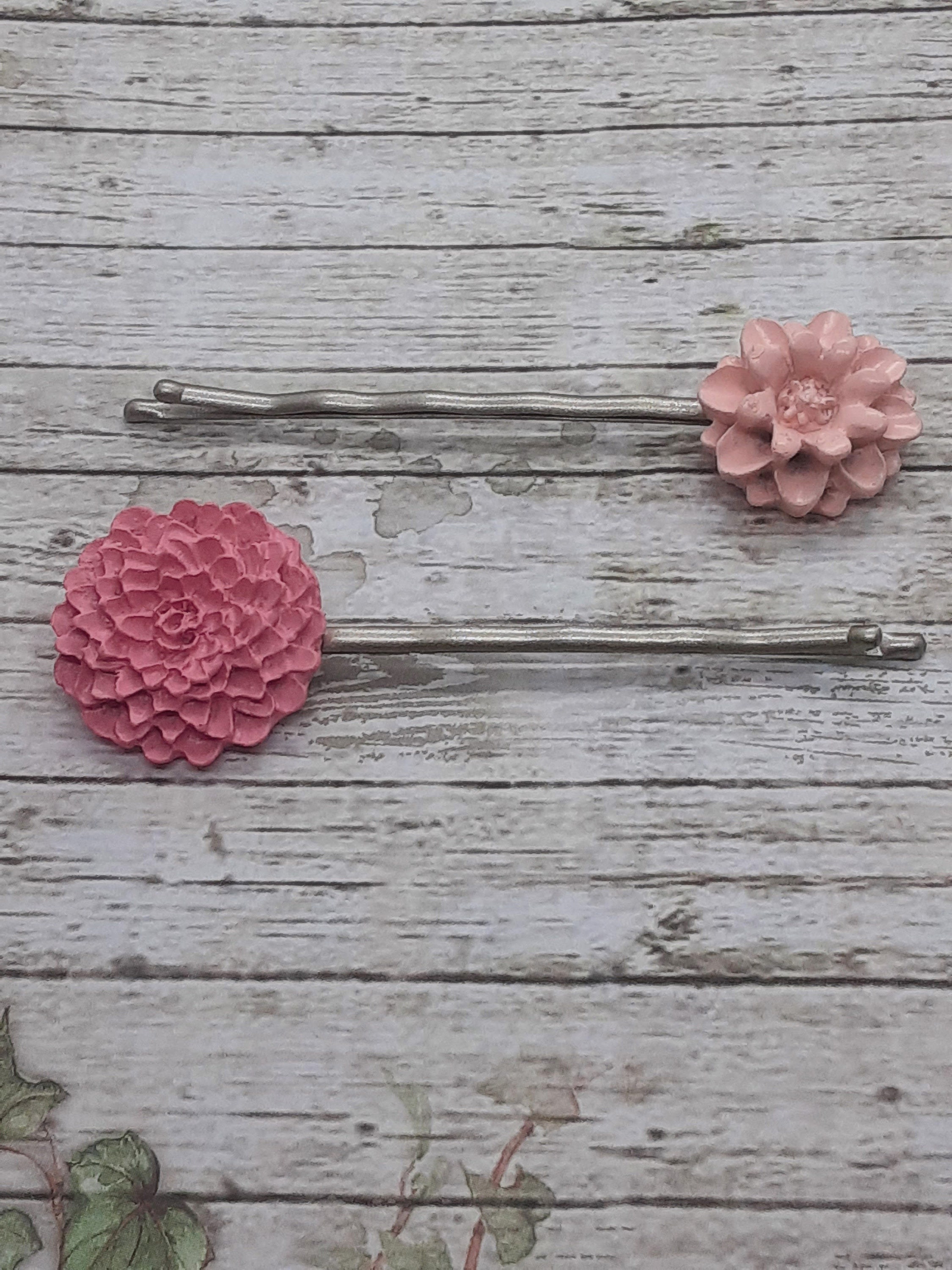 Pink Flowers Bobby Pins Set of 4, Pink Flowers Hair Pins, Flowers Hair ...