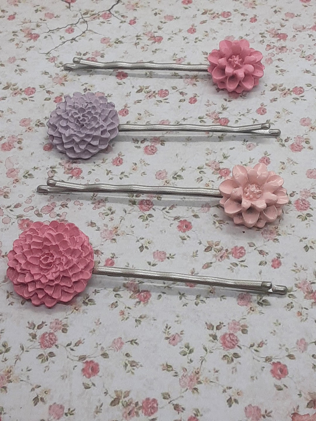 Pink Flowers Bobby Pins Set of 4, Pink Flowers Hair Pins, Flowers Hair ...