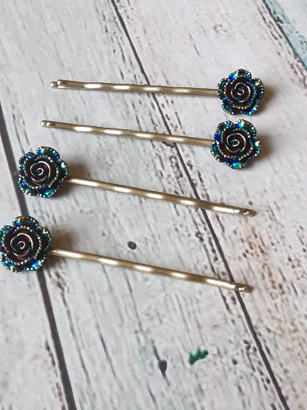 Metallic Blue Flowers Bobby Pins Set of 4, Metallic Flowers Bobby Pins ...